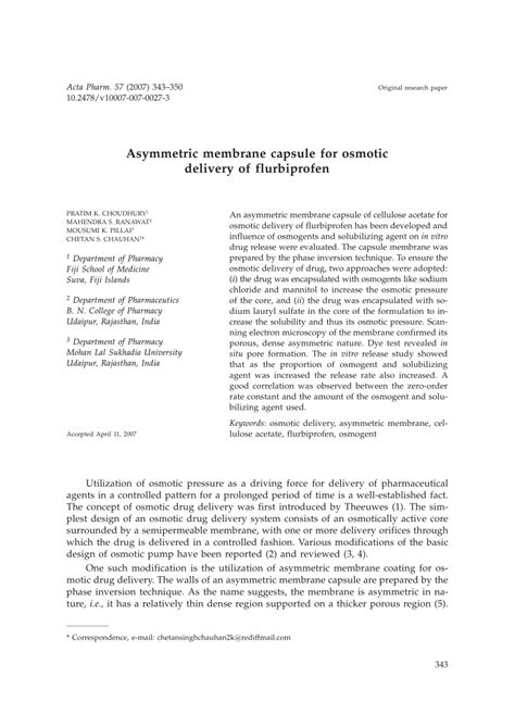 Pdf Asymmetric Membrane Capsule For Osmotic Delivery Of Flurbiprofen