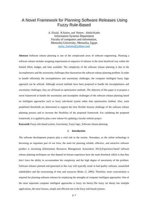 Pdf A Novel Framework For Planning Software Releases Using Fuzzy Rule