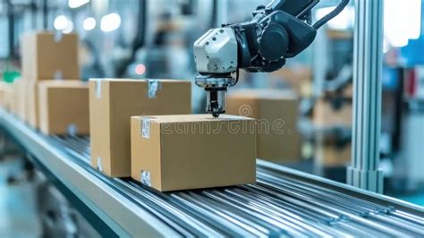 Robotic Arm Moving Boxes On A Production Line Symbolizing Automation And Efficiency In Modern