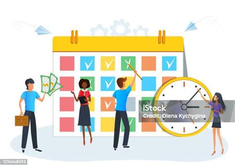 벡터 일러스트 비즈니스 사람들이 일정을 계획 사업가는 자신의 작업을 계획하고있다 작업 일정 미리 알림 및 시간표 시간과 비용을 절약할 수 있습니다 금융 투자 마감 개념에