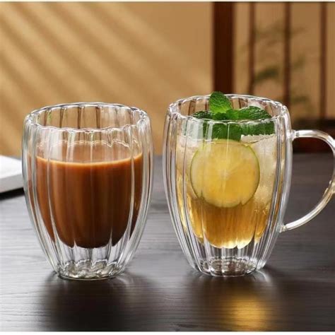 Customize Logo Heat Insulation Double Layer High Borosilicate Glass Cups With Stripes Drinking