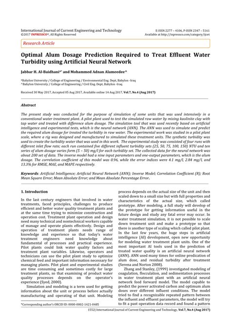 pdf optimal alum dosage prediction required to treat effluent water turbidity using artificial