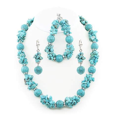 Комплект Бусы браслет и серьги Забава бирюза галька короткие 45см Бирюзовое ожерелье