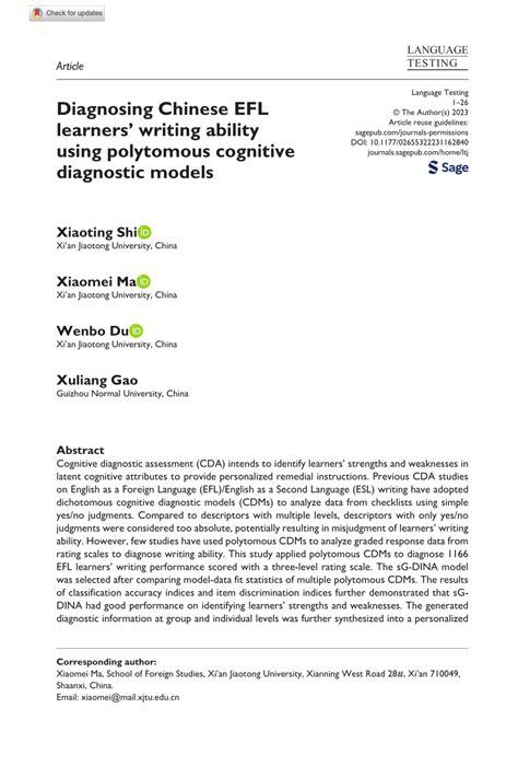 Pdf Diagnosing Chinese Efl Learners Writing Ability Using Polytomous Cognitive Diagnostic Models