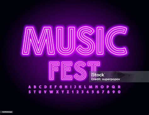 벡터 이벤트 포스터 뮤직 페스트 바이올렛 네온 알파벳 문자와 숫자 세트 Live Event에 대한 스톡 벡터 아트 및 기타