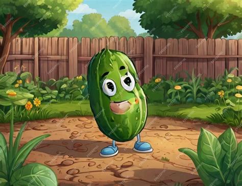 Cartoon Cucumber Playing In The Garden Premium Ai Generated Image