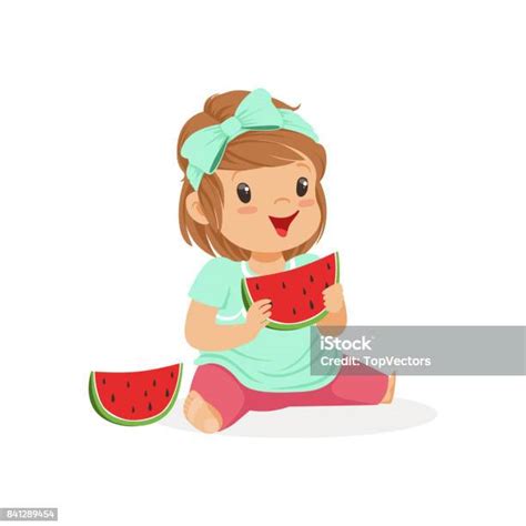 수 박 만화 벡터 일러스트 레이 션을 먹고 즐기는 달콤한 작은 소녀 건강한 식생활에 대한 스톡 벡터 아트 및 기타 이미지 건강한 식생활 과일 귀여운 Istock