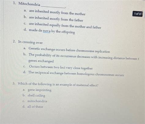 Solved 1 Mitochondria A Are Inherited Mostly From The