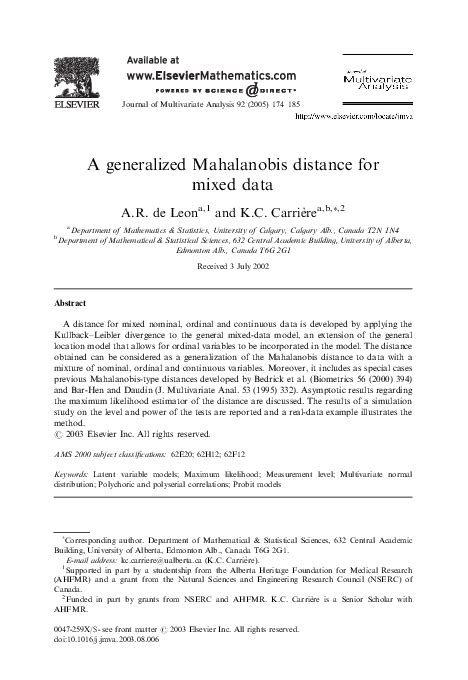 Pdf A Generalized Mahalanobis Distance For Mixed Data