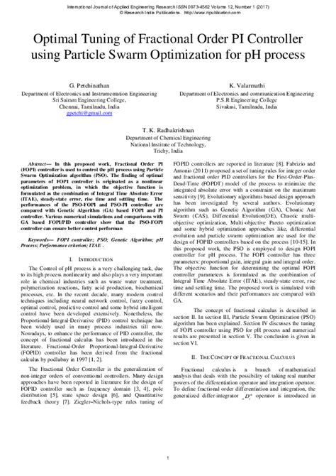 pdf optimal tuning of fractional order pi controller using particle swarm optimization for ph