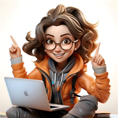 3d Illustration Eines Mädchens Mit Brille Und Laptop In Den Händen