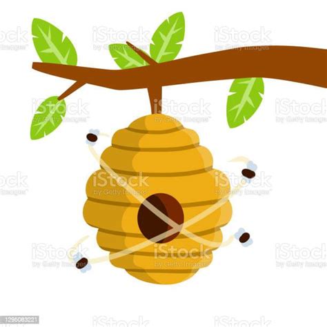 하이브 나무에 말과 곤충의 집 자연과 숲의 요소 꿀 생산 나뭇잎으로 분기합니다 플랫 만화 일러스트레이션 노란 벌집 곤충에 대한 스톡 벡터 아트 및 기타 이미지 Istock