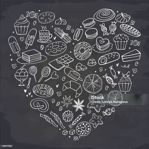 칠판에 달콤한 음식의 심장 낙서 벡터 그림입니다 케이크 비스킷 베이킹 쿠키 패스트리 도넛 아이스크림 마카롱 디저트 메뉴 또는 식품 패키지 디자인에 적합합니다 개체 그룹에
