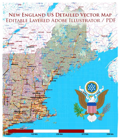 New England Us Pdf Vector Map High Detailed Main Roads Zipcodes