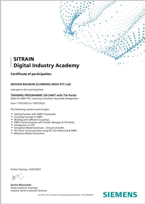 Completed Training Program On Simit With Tia Portalsiemens Simulation