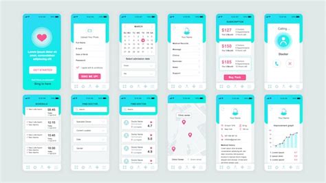 Ui Ux Gui 화면 의학 앱 플랫 템플릿 집합 프리미엄 벡터