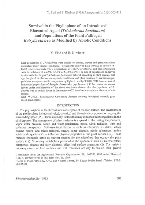 Pdf Survival In The Phylloplane Of An Introduced Biocontrol Agent Trichoderma Harzianum And