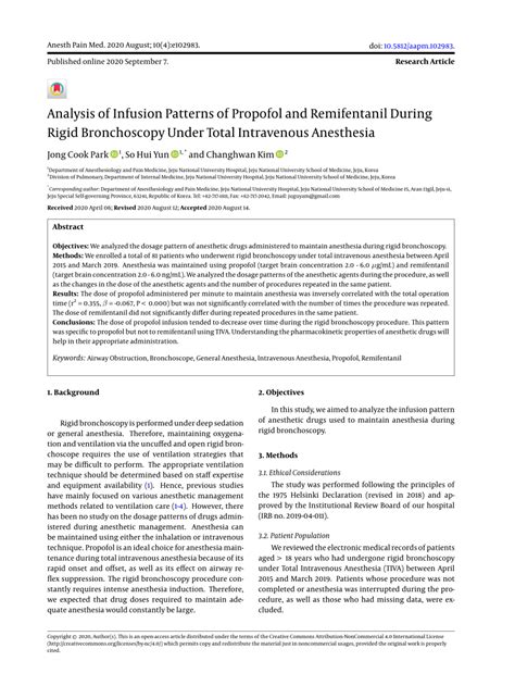 Pdf Analysis Of Infusion Patterns Of Propofol And Remifentanil During Rigid Bronchoscopy Under
