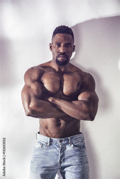 African American Bodybuilder Man Naked Muscular Torso Wearing Jeans