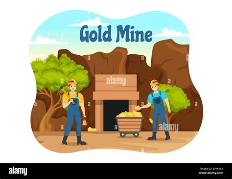 Gold Mine Illustration With Mining Industry Activity For Treasure Pile