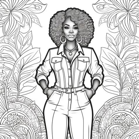African American Woman In Coloring Book Style Full Body Outline With