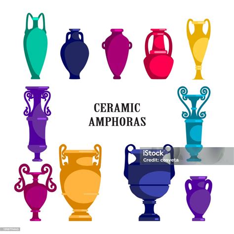 컬러 세라믹 화병 세트 키가 큰 고대 그리스 두 개의 손잡이와 좁은 목이있는 로마 항아리 빈티지 세라믹 암포라 도자기 흰색 배경