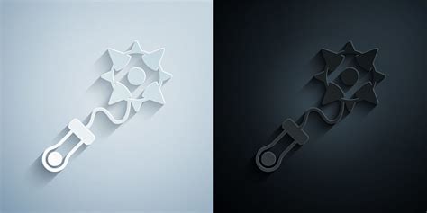 종이 는 회색과 검은 색 배경에 고립 된 중세 체인 메이스 볼 아이콘을 잘라 스파이크가 있는 모르겐스테른 중세 무기 또는 메이스 종이 아트 스타일 벡터 3차원 형태에 대한