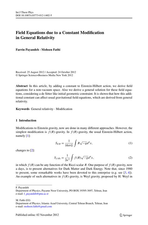 Pdf Field Equations Due To A Constant Modification In General Relativity