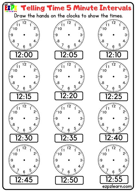 Telling Time 5 Minute Intervals Draw The Hands On The Clocks For K5 And