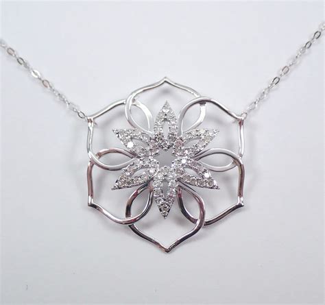 Diamond Cluster Pendant 14k White Gold Snowflake Flower Star Necklace
