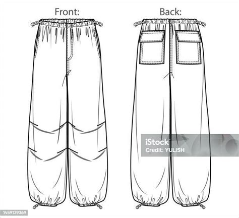 벡터 여성 양털 조깅하는 사람 기술 도면 허리띠와 측면 포켓이 있는 유틸리티 스타일 바지는 패션 Cad 템플릿 스케치 플랫을 자세히 설명합니다 앞면 뒷면 흰색 색상의 여성