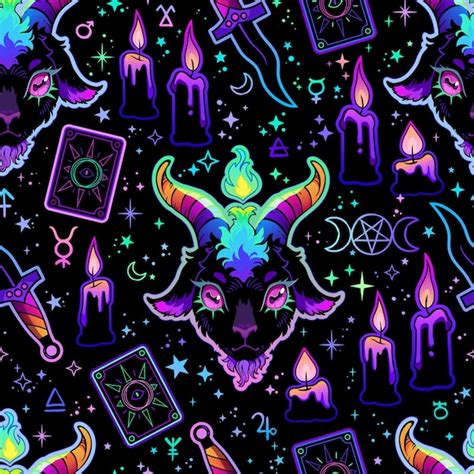 Seamless Vector Pattern Cartoon Devil Head And Magic Items Premium Vector