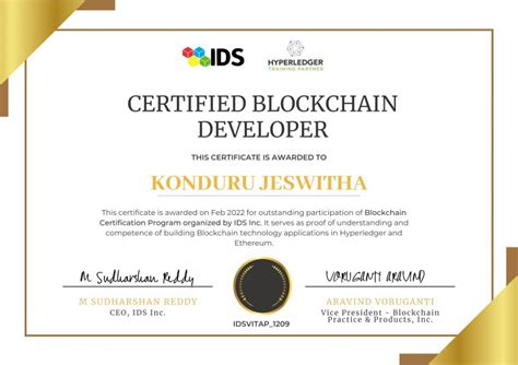 Received Blockchain Certification From Ids Company Jeswitha Konduru