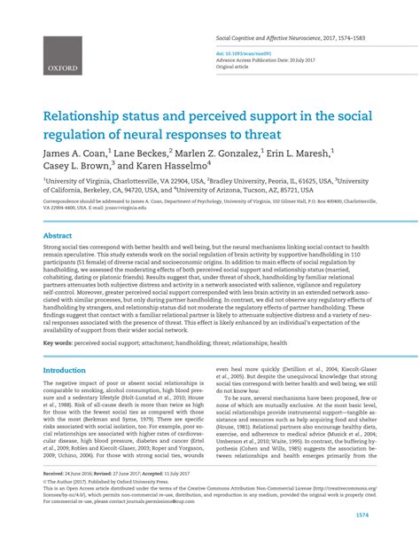 Pdf Relationship Status And Perceived Support In The Social Regulation Of Neural Responses To