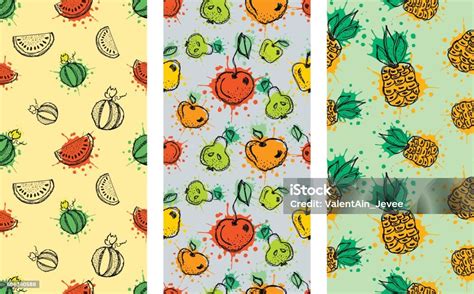 원활한 벡터 패턴의 집합입니다 손으로 그린 화려한 체리 사과 배 수 박 석류 바나나 베리 스플래시와 드롭 선 그리기 딸기의 과일 그림 0명에 대한 스톡 벡터 아트 및 기타