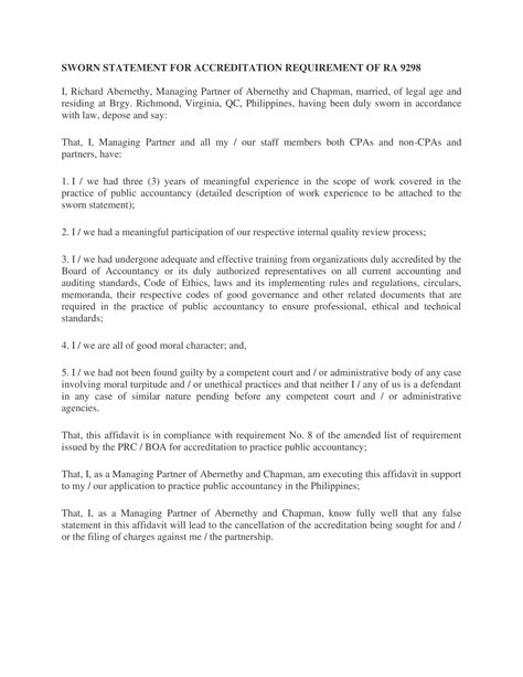 Free Printable Sworn Statement Templates [word Pdf] For Construction