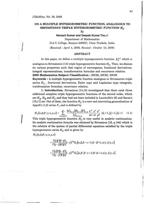 Pdf On A Multiple Hypergeometric Function Analogous To Srivastavas Triple Hypergeometric