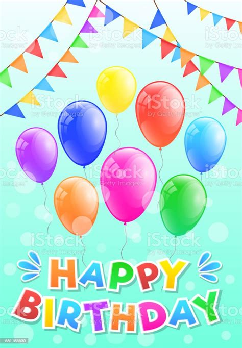생일 축 하 해요다채로운 풍선의 낱 단을 가진 인사말 카드 벡터입니다 3차원 형태에 대한 스톡 벡터 아트 및 기타 이미지 3차원 형태 개념 공단 Istock