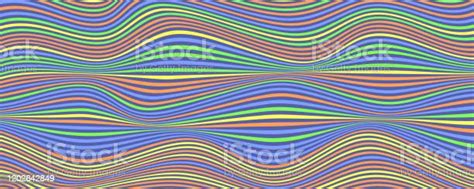 여러 가지 색상의 줄무늬가있는 배경 깃발이나 물처럼 물결 모양의 고르지 않은 표면 라인에서 최소한의 디자인 투 톤 기복 배경 왜곡된 패턴을 추상화합니다 3d 벡터 그림입니다