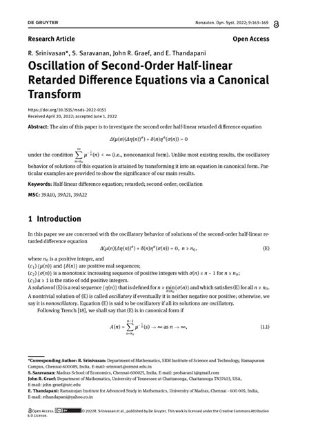Pdf Oscillation Of Second Order Half Linear Retarded Difference Equations Via A Canonical