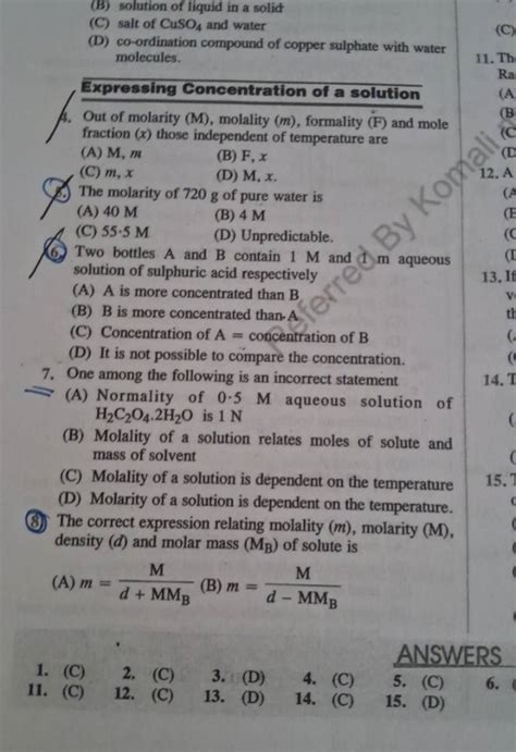 The Correct Expression Relating Molality M Molarity M Density D A