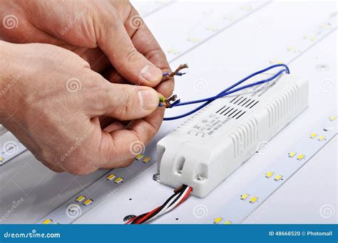 Electrician Hands Connect Wires Of Led Lamp Stock Photo Image Of Product Install