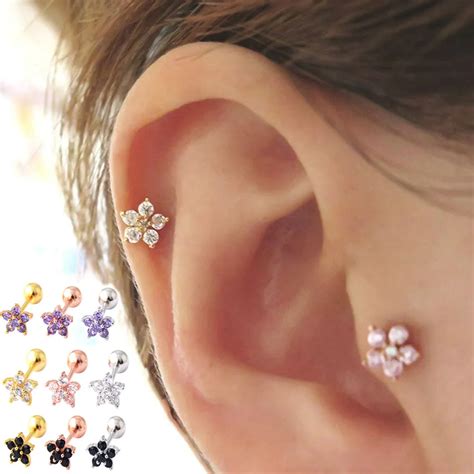 지르콘 꽃 작은 연골 귀걸이 작은 연골 스터드 귀 헬릭스 피어싱 주얼리 Tragus 조가비 귀걸이 스터드 2 개바디 쥬얼리