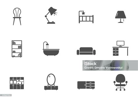 흰색으로 분리된 가구 실루엣 벡터 아이콘입니다 웹 모바일 앱 Ui 디자인 및 인쇄용 가구 아이콘 세트 0명에 대한 스톡 벡터