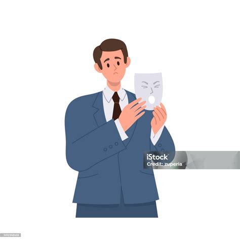 화난 비명을 지르는 얼굴 마스크 아래 진짜 슬픈 불행한 감정을 숨기고 있는 양복을 입은 사업가 캐릭터 보호 마스크에 대한 스톡 벡터 아트 및 기타 이미지 Istock