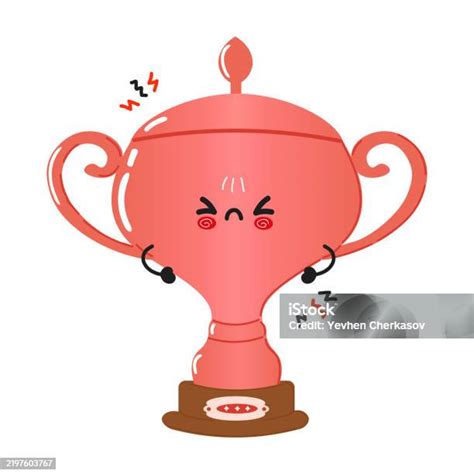 귀여운 화난 브론즈 트로피 컵 캐릭터 나무 스탠드에 좌절 된 청동 트로피 컵 1위에 대한 스톡 벡터 아트 및 기타 이미지 1위 개념 경쟁 Istock