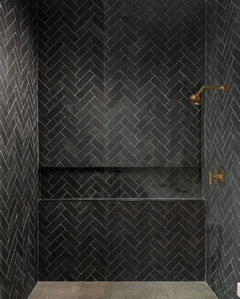 Stylish Black Herringbone Tile For A Modern Bathroom