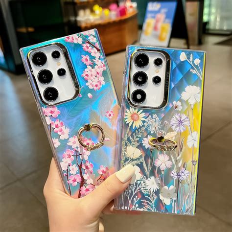 삼성 갤럭시 S24 울트라 5g 전기도금 레이저 꽃 반지 홀더 Tpu 폰 케이스 그린 꽃 Ah3