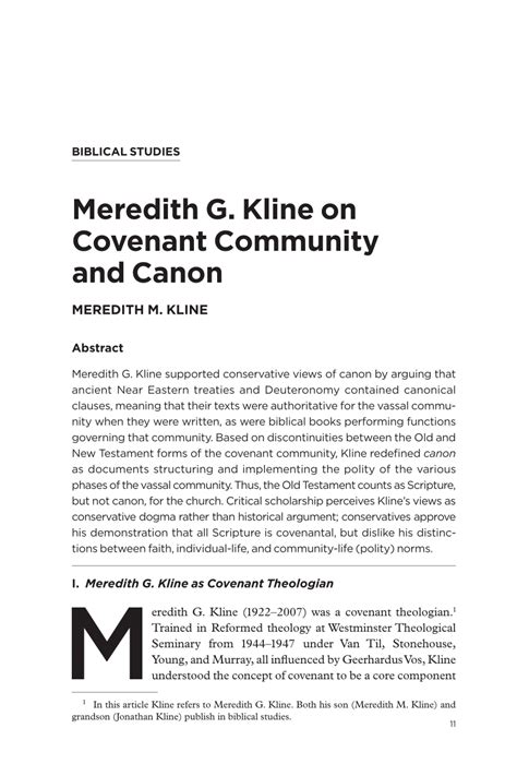 Pdf Meredith G Kline On Covenant Community And Canon