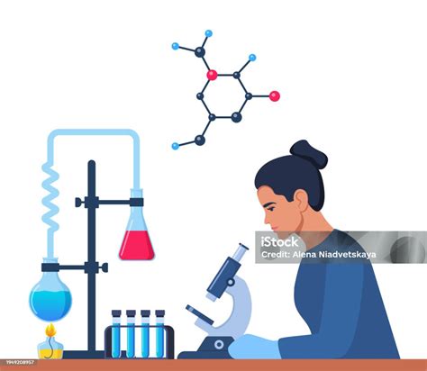 연구 및 탐사에 종사하는 화학 실험실의 과학자 플라스크 바이알 물질이 담긴 시험관 실험실 연구 테스트 화학 연구 벡터 일러스트 레이 션입니다 건강관리와 의술에 대한 스톡